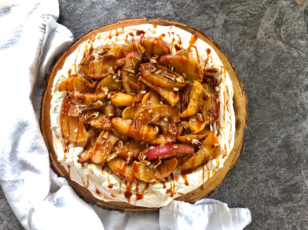Autumn Pavlova with Apples, Maple Cream, and Salted Caramel